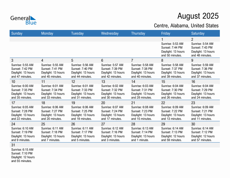 August 2025 Sunrise and Sunset Calendar for Centre, United States (PDF ...