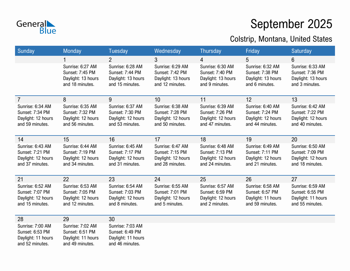 September 2025 Sunrise and Sunset Calendar for Colstrip, United States ...