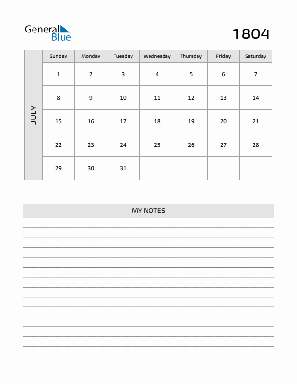 July 1804 Monthly Calendar