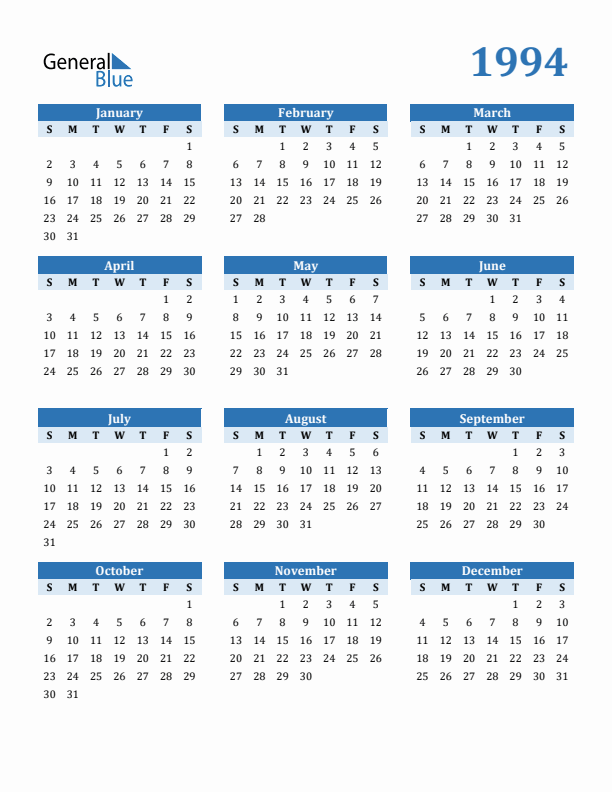 1994 Full-Year Calendar
