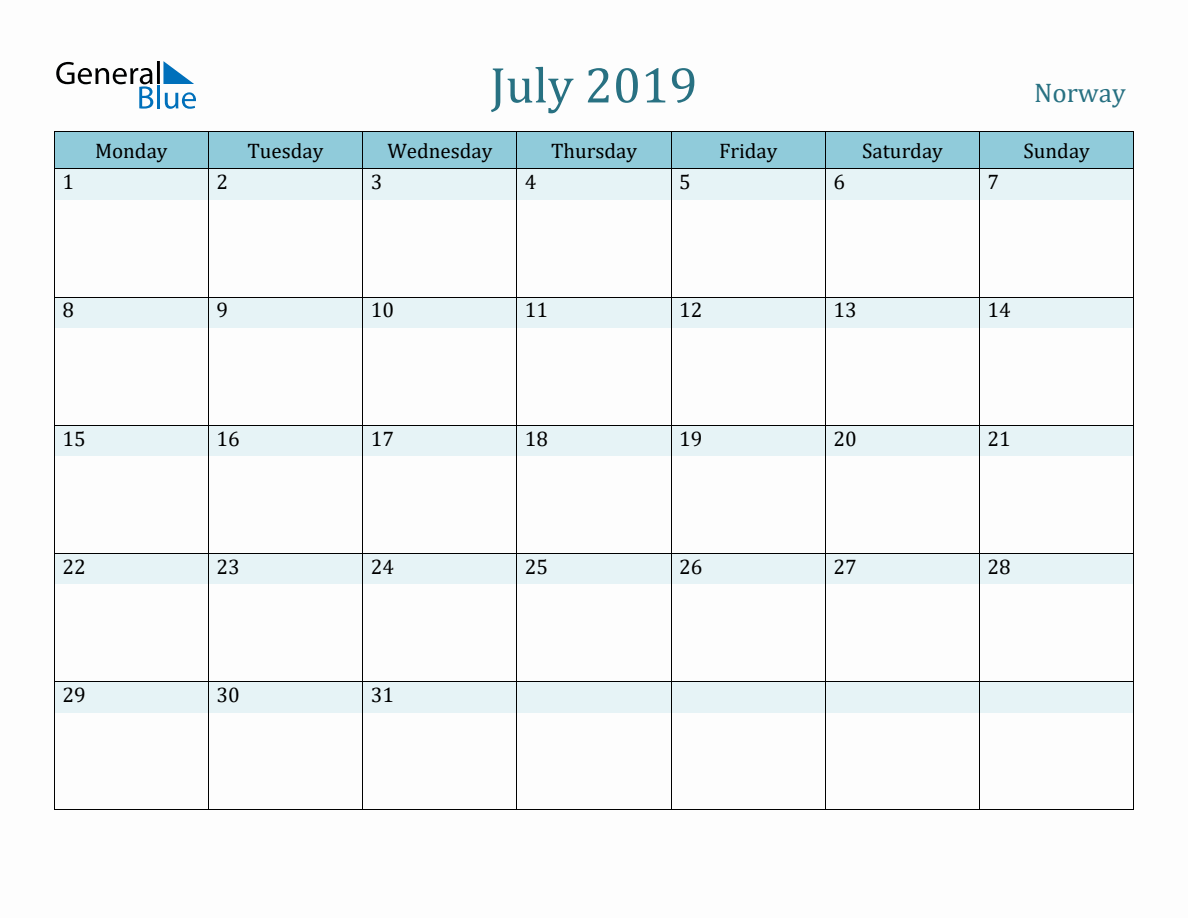 Norway Holiday Calendar for July 2019 (Monday Start)