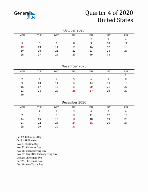 Quarter 4 2020 United States Calendar - Monday Start