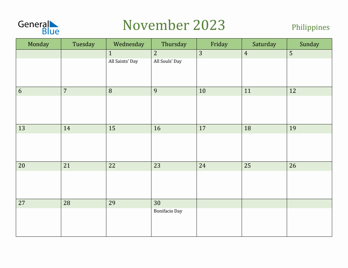 Fillable Holiday Calendar for Philippines - November 2023 (Monday Start)