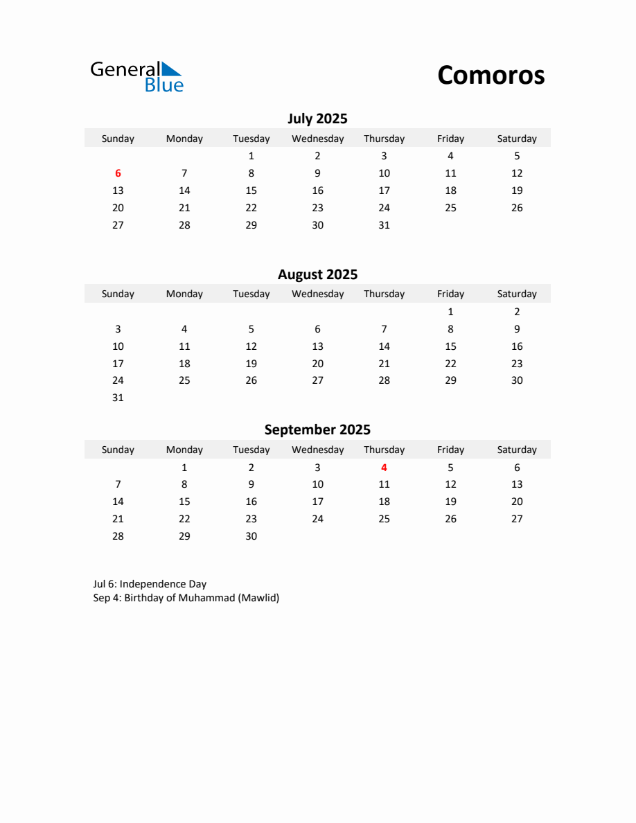Printable Quarterly Calendar with Notes and Comoros Holidays (Q3, 2025)