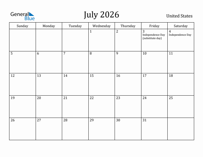 July 2026 Monthly Calendar with United States Holidays