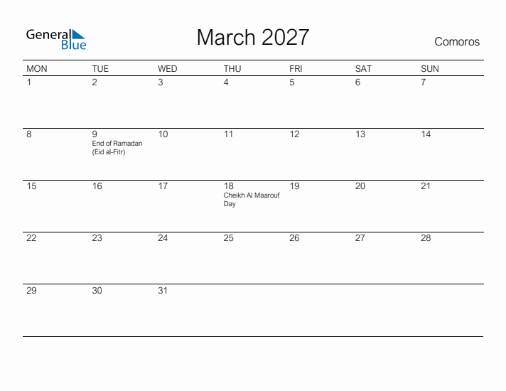 Printable March 2027 Monthly Calendar with Holidays for Comoros (Monday ...