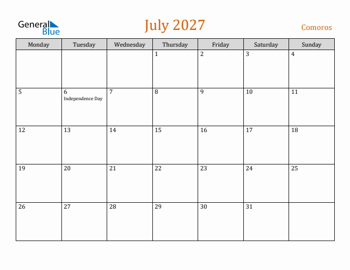 Free July 2027 Comoros Calendar (Monday Start)
