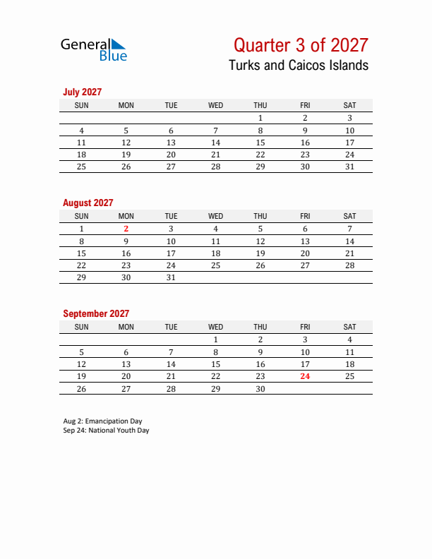 Printable Three Month Calendar with Turks and Caicos Islands Holidays ...