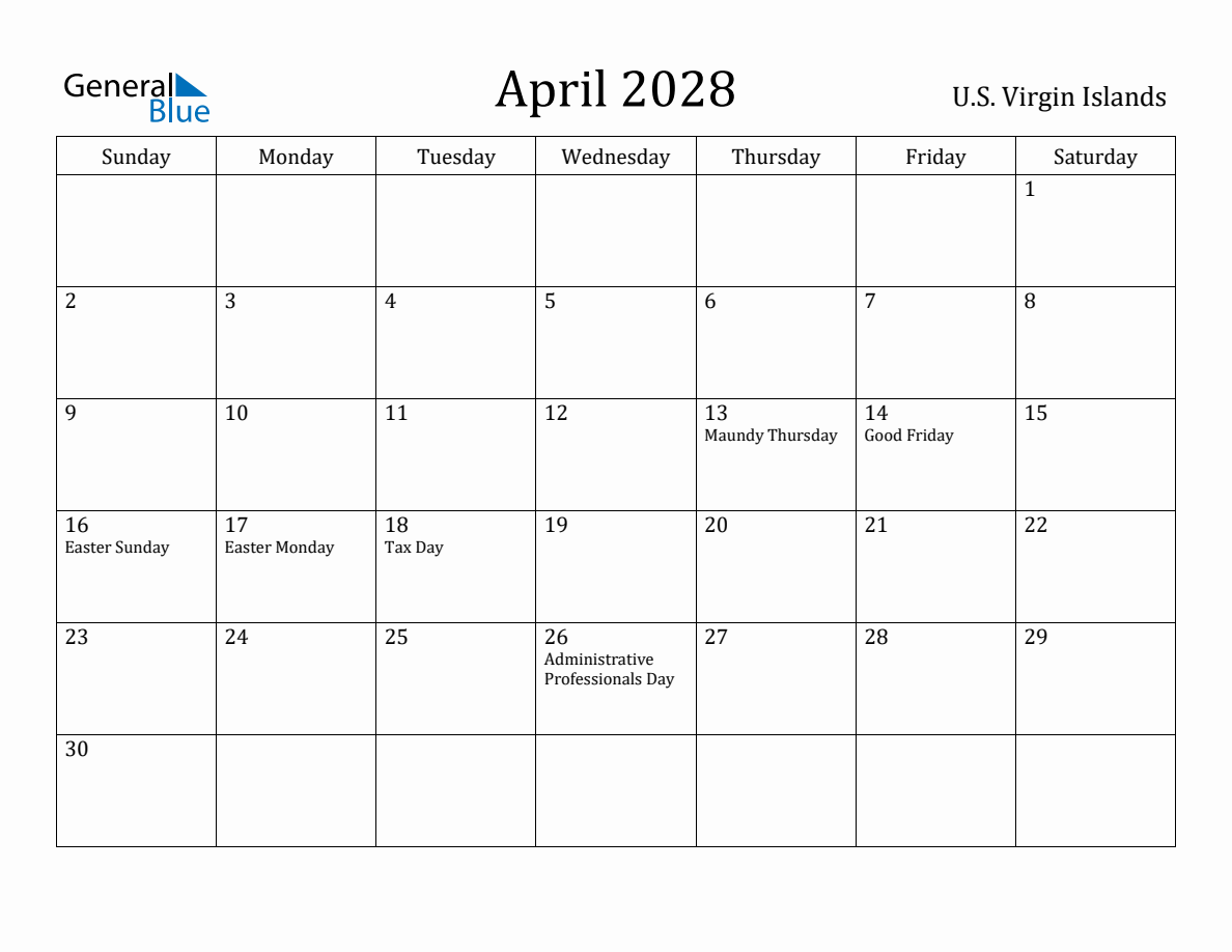 April 2028 Monthly Calendar with U.S. Virgin Islands Holidays