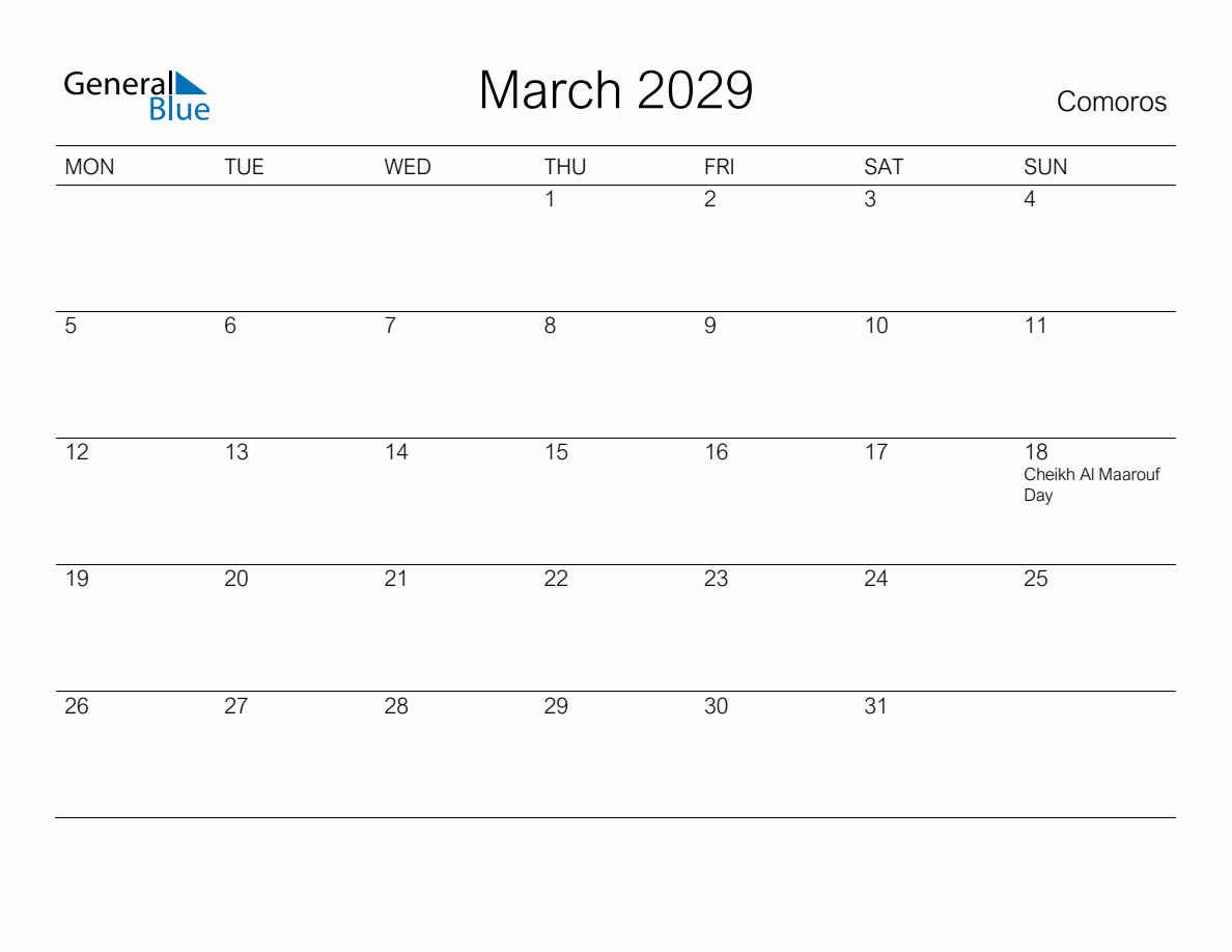 Printable March 2029 Monthly Calendar with Holidays for Comoros (Monday ...