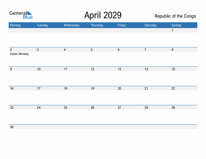Editable April 2029 Calendar with Republic of the Congo Holidays ...