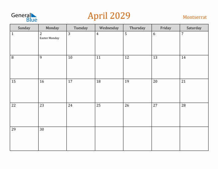 Free April 2029 Montserrat Calendar