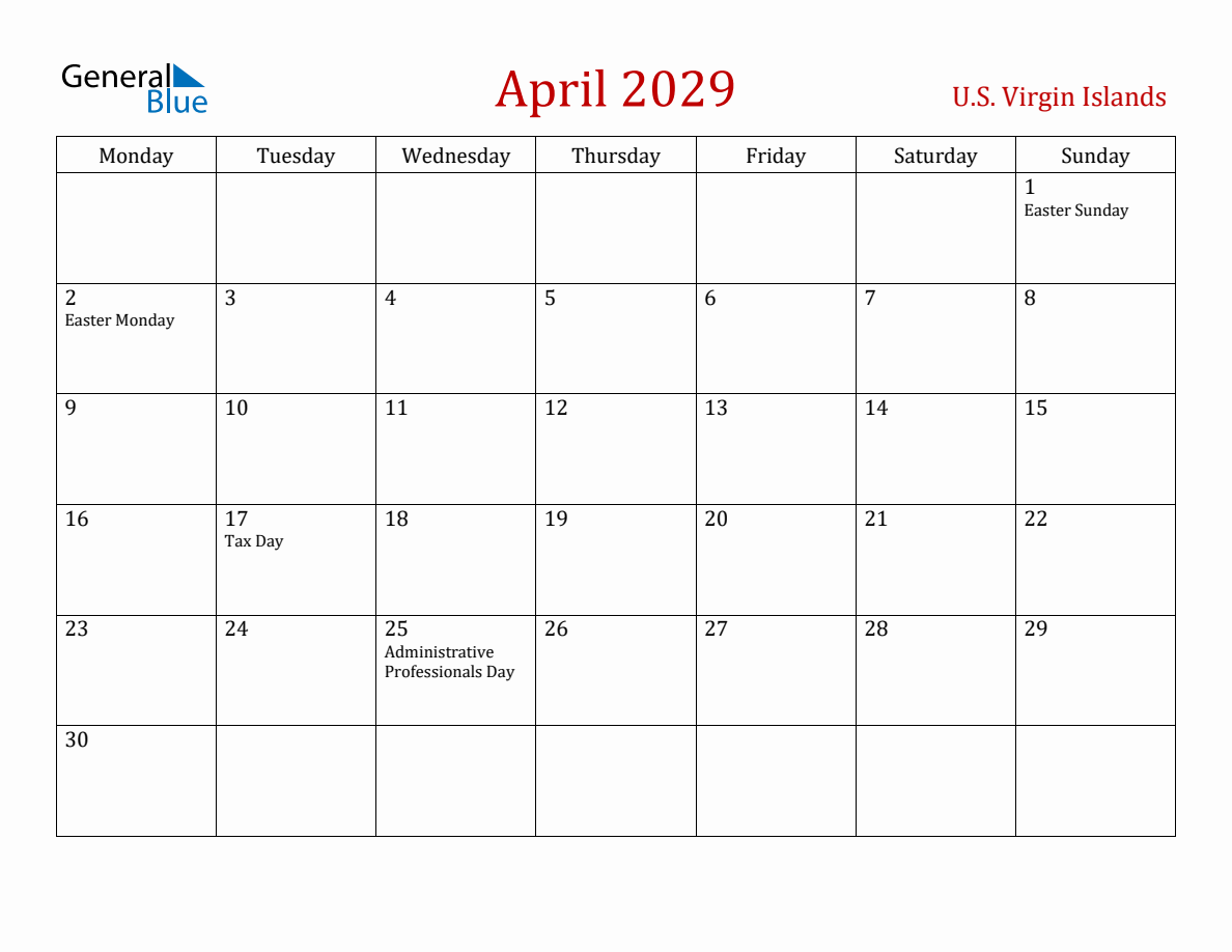 April 2029 U.S. Virgin Islands Monthly Calendar with Holidays (Monday ...