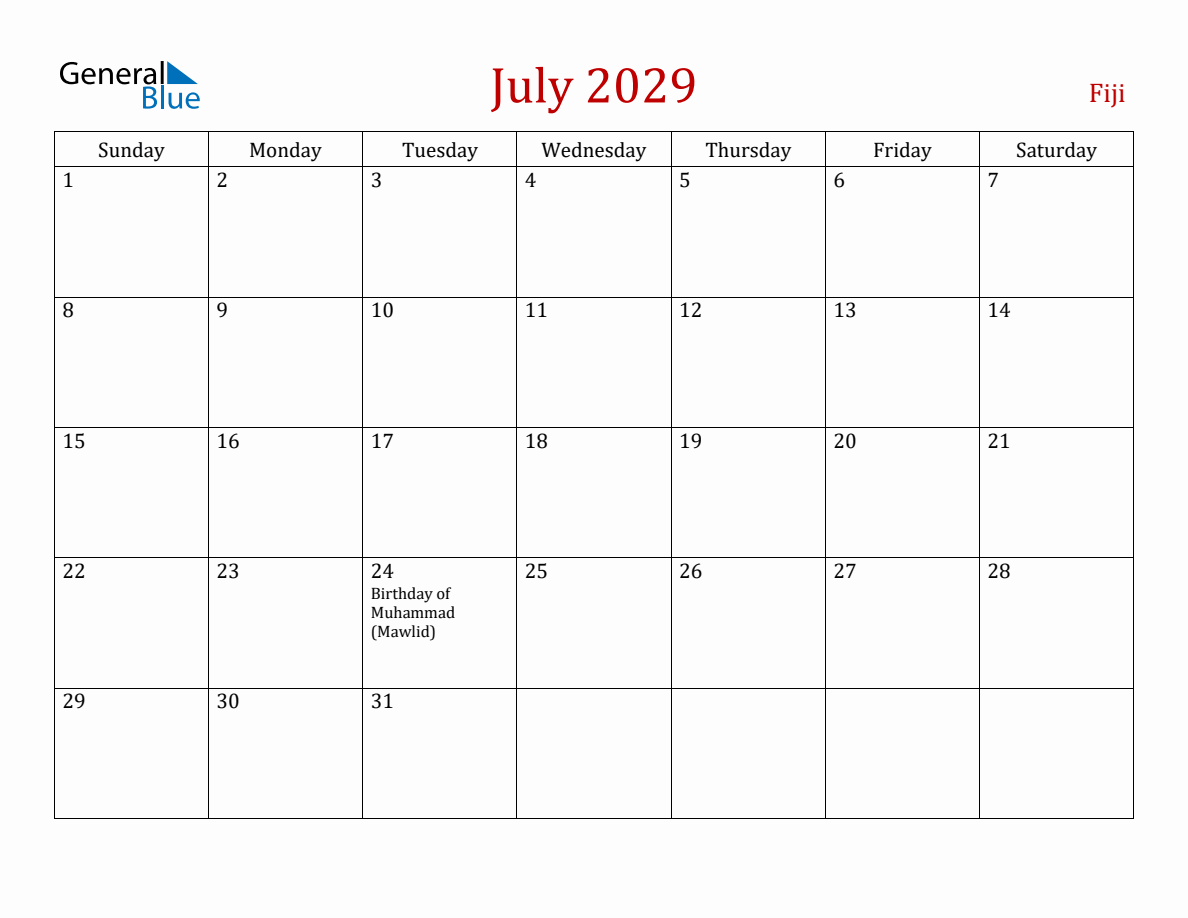 July 2029 Fiji Monthly Calendar with Holidays