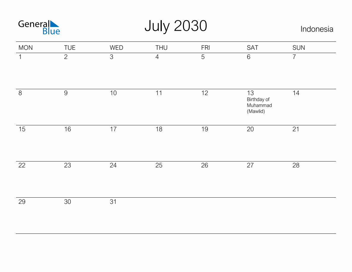 Printable July 2030 Monthly Calendar with Holidays for Indonesia ...