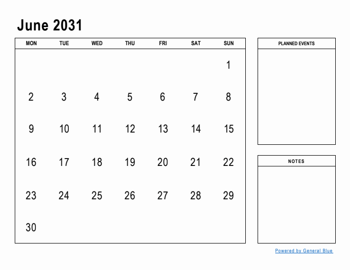 June 2031 Monthly Planner - Monday Start