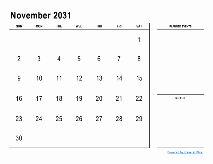 November 2031 Calendar Planner with Notes