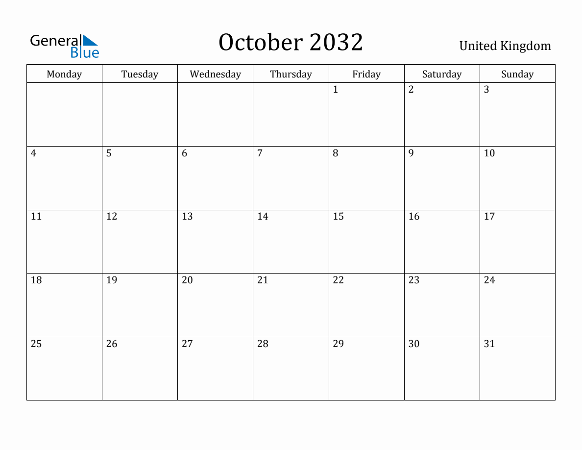 October 2032 Monthly Calendar with United Kingdom Holidays (Monday Start)