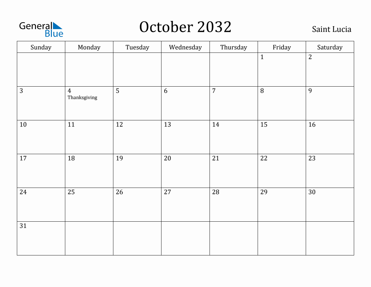 October 2032 Monthly Calendar with Saint Lucia Holidays