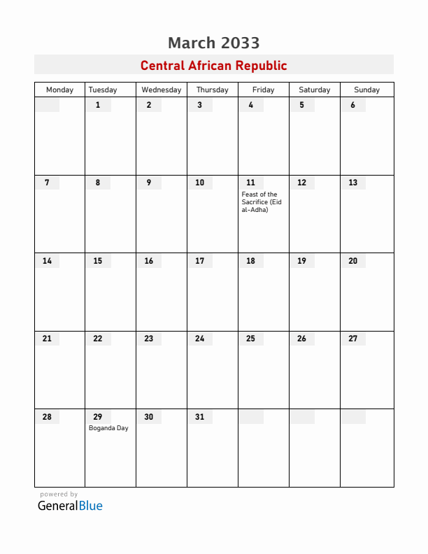 Central African Republic March 2033 Calendar with Holidays (Monday Start)