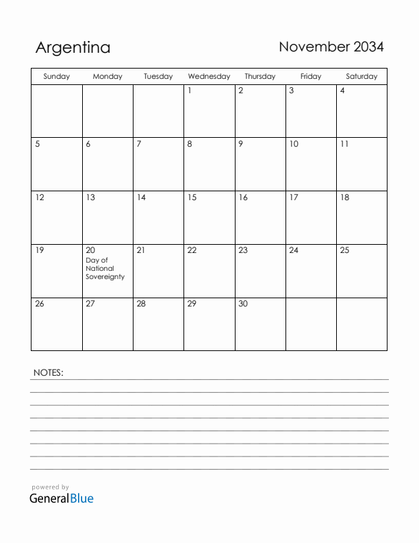 November 2034 Argentina Calendar with Holidays